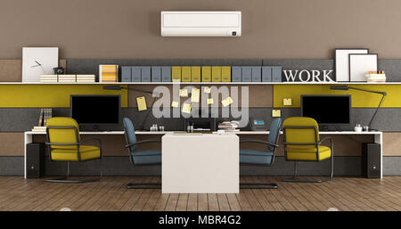 Colorful modern office with two workstations,pc and wood paneling on ...