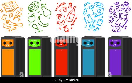 Recycling garbage elements. Bag or containers or cans for different trashes. Sorting and Utilize ...