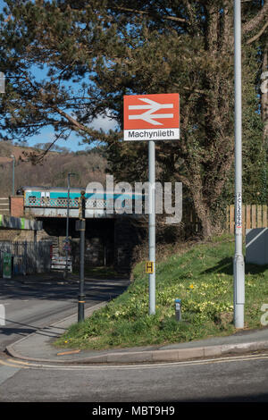 Road sign for Machynlleth railway Station. Powys. Wales Stock Photo - Alamy