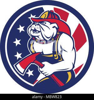 illustration of a bulldog dog fireman with axe walking done in cartoon ...