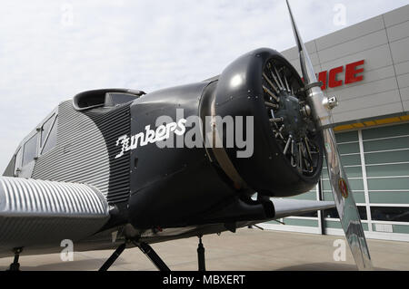 12 April 2018, Germany, Bremen: A replica of the historic plane Junkers ...
