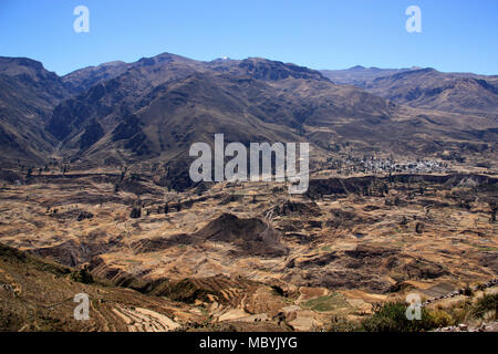 Overlooking plenty of terrace fields in the Andes Mountains in Peru ...