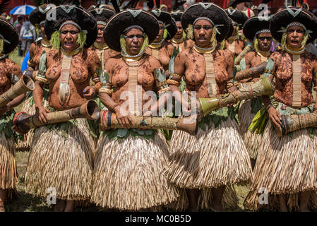 A group of Suli Muli women from Enga dancing with round human hair ...