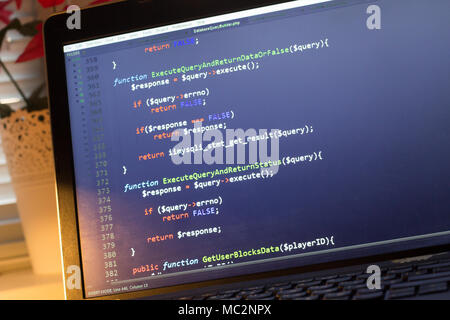 PHP back-end code. Computer programming source code. Abstract screen of web developer. Digital ...