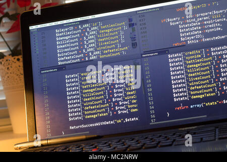 PHP back-end code. Computer programming source code. Abstract screen of web developer. Digital ...