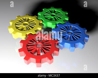 Four colorful mating gears isolated on white - 3D rendering Stock Photo ...