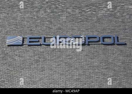 A logo of Europol is displayed on the Europol headquarters building in ...