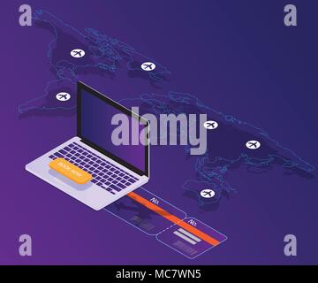 Travel and technology laptop with world on screen and flight tickets ...