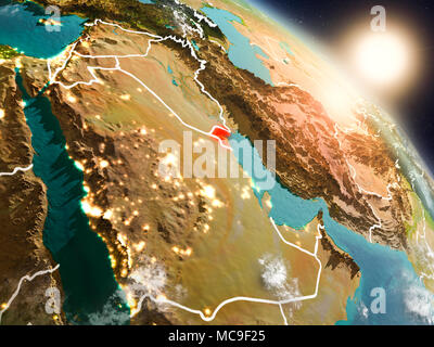Sunset above Kuwait from space on planet Earth with visible country ...