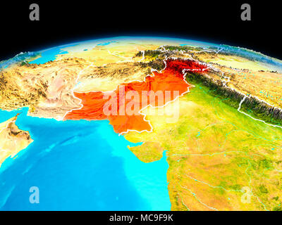 Satellite view of Pakistan highlighted in red on planet Earth at night ...