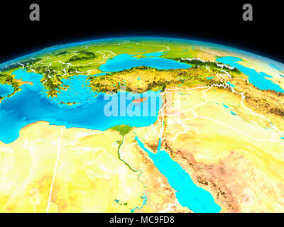 Satellite view of Cyprus highlighted in red on planet Earth with clouds ...