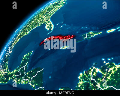 Cuba highlighted in red from Earth’s orbit at night with visible ...