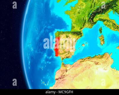 Portugal as seen from orbit on model of Earth. 3D illustration with ...
