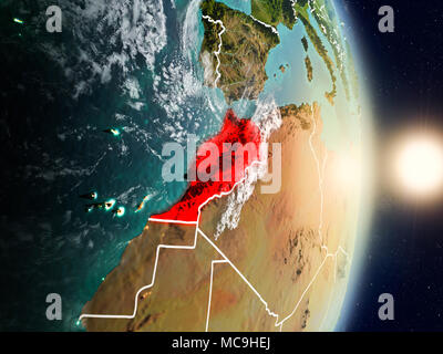 Morocco in red with visible country borders and city lights from space ...