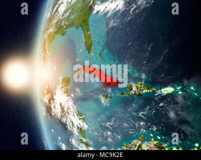 Cuba in red with visible country borders from space. 3D illustration ...