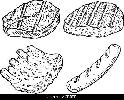 Hand drawn steak, ribs, fresh meat isolated on white background. Vector ...