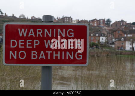 Warning Deep Water No Bathing sign. Rectangular red and white sign on ...