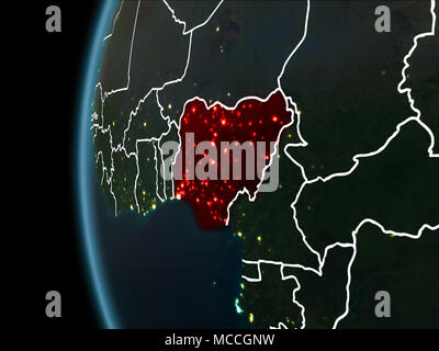 Orbit view of Nigeria at night highlighted in red on planet Earth with highly detailed surface ...