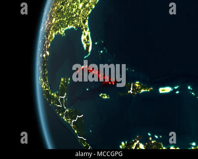 Satellite night view of Cuba highlighted in red on planet Earth with ...
