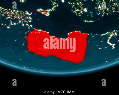 Night view of Libya highlighted in red on planet Earth with atmosphere ...