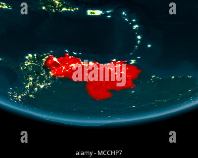 Venezuela at night highlighted in red on planet Earth with clouds. 3D ...