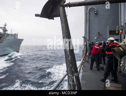 A shot line is fired to the dry cargo and ammunition ship USNS Amelia ...