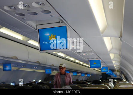 Saigon, Vietnam - Mar 16, 2018. Interior of a Vietjet Air Airbus A320 ...