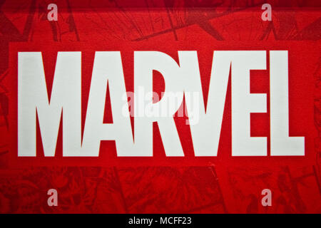 Marvel logo sign printed on banner. Marvel Comics Group is a publisher ...