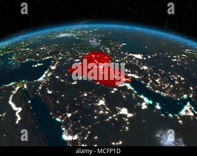 Satellite night view of Iraq highlighted in red on planet Earth. 3D ...