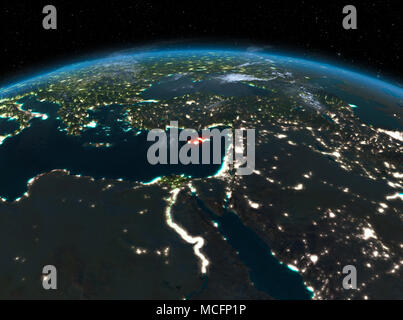 Satellite night view of Cyprus highlighted in red on planet Earth. 3D ...