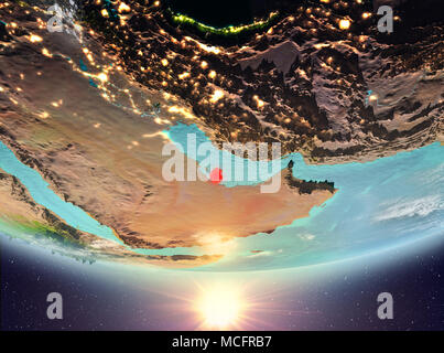Qatar during sunset highlighted in red on planet Earth with clouds and ...
