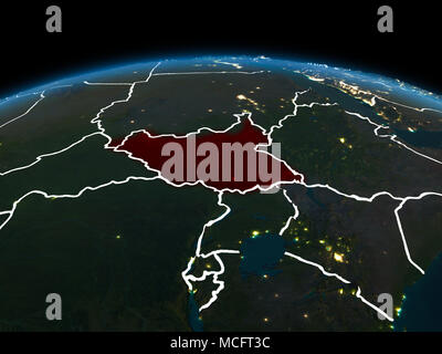 Space view of South Sudan highlighted in red on planet Earth. 3D illustration. Elements of this ...