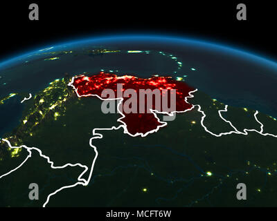 Satellite night view of Venezuela highlighted in red on planet Earth. 3D illustration. Elements ...