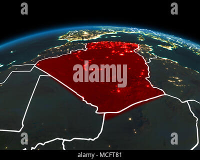 Space orbit view of Algeria highlighted in red on planet Earth with visible borders. 3D ...
