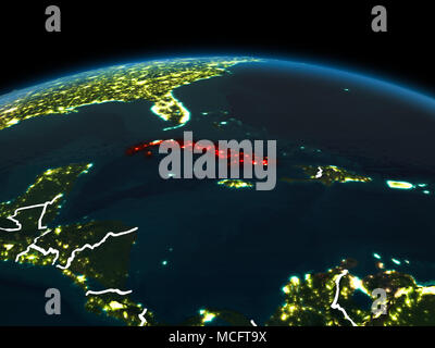 Satellite night view of Cuba highlighted in red on planet Earth with ...