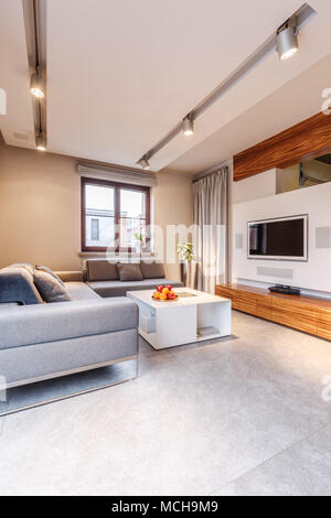 Interior of light living room with sofa, tables and wooden surfboard ...