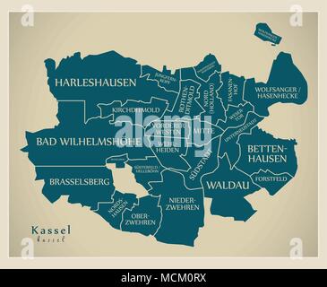 Modern City Map - Kassel city of Germany with boroughs and titles DE outline map Stock Vector ...