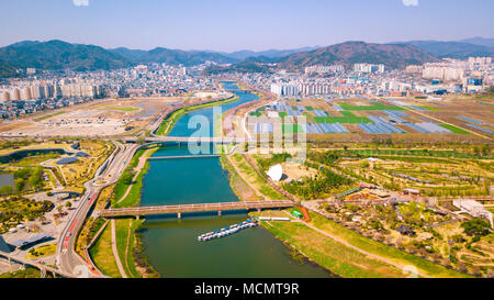 Aerial view of Suncheonman Bay International Garden in Suncheon city of ...
