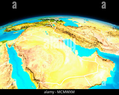 Satellite view of Kuwait highlighted in red on planet Earth with clouds ...