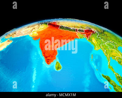 Satellite view of India highlighted in red on planet Earth with clouds ...