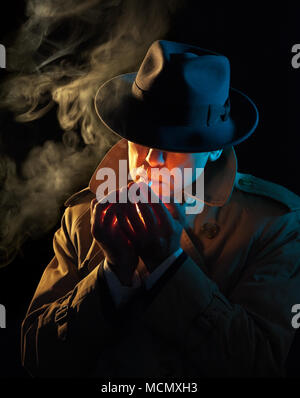Private detective lighting a cigarette, film noir style Stock Photo - Alamy