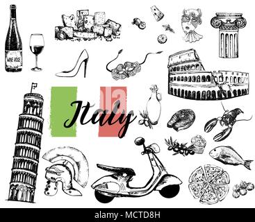 Hand drawn Italy themed sketch set of landmarks, food, objects ...