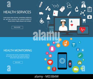 Healthcare, medical services vector banners set. Qualified aid ...