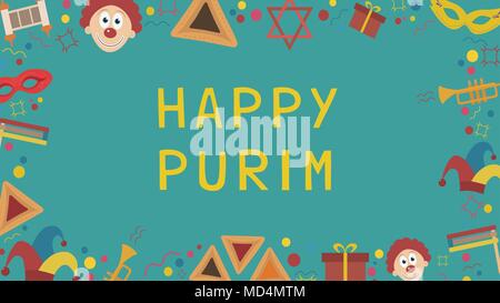 Happy Purim Jewish holiday frame. Background with traditional symbols ...