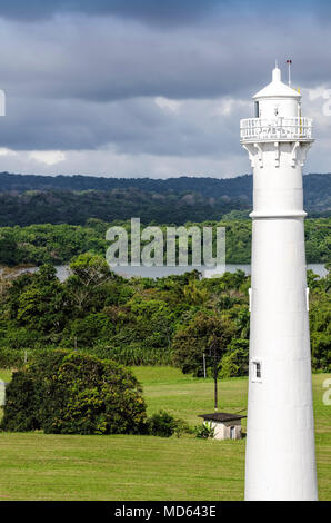 The lighthouse at the Gatun Locks at the entrance to the Panama Canal ...