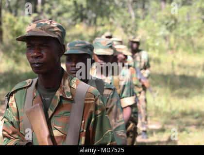 Zambian soldiers practice squad movements while training during ZAMBAT ...