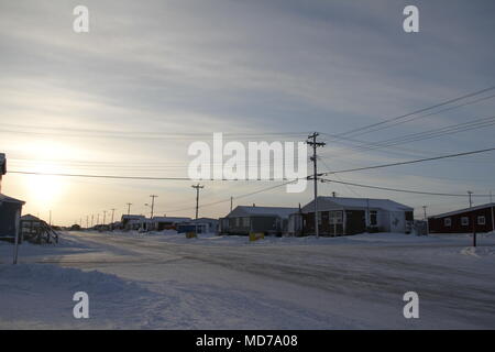 Street view of an arctic community and neighbourhood, located in Arviat ...