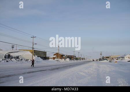 Street view of an arctic community and neighbourhood, located in Arviat ...