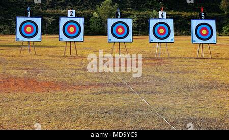 Outdoor archery targets on grass field surrounded by forest in the ...