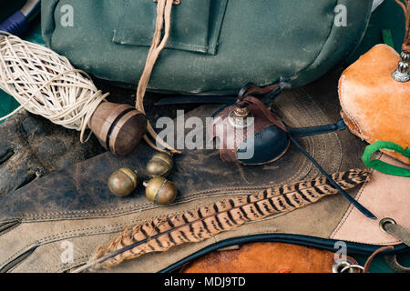 Collection of falconry items displayed on table. Wales Stock Photo - Alamy